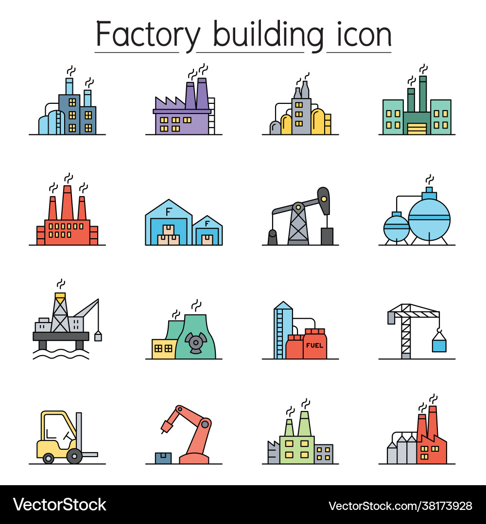 Factory building icon set filled outline style Vector Image