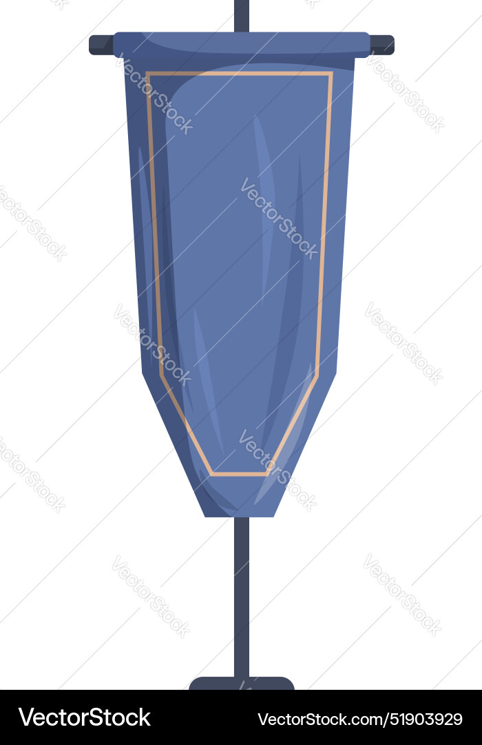 Blue cloth banner hanging on metal pole displaying
