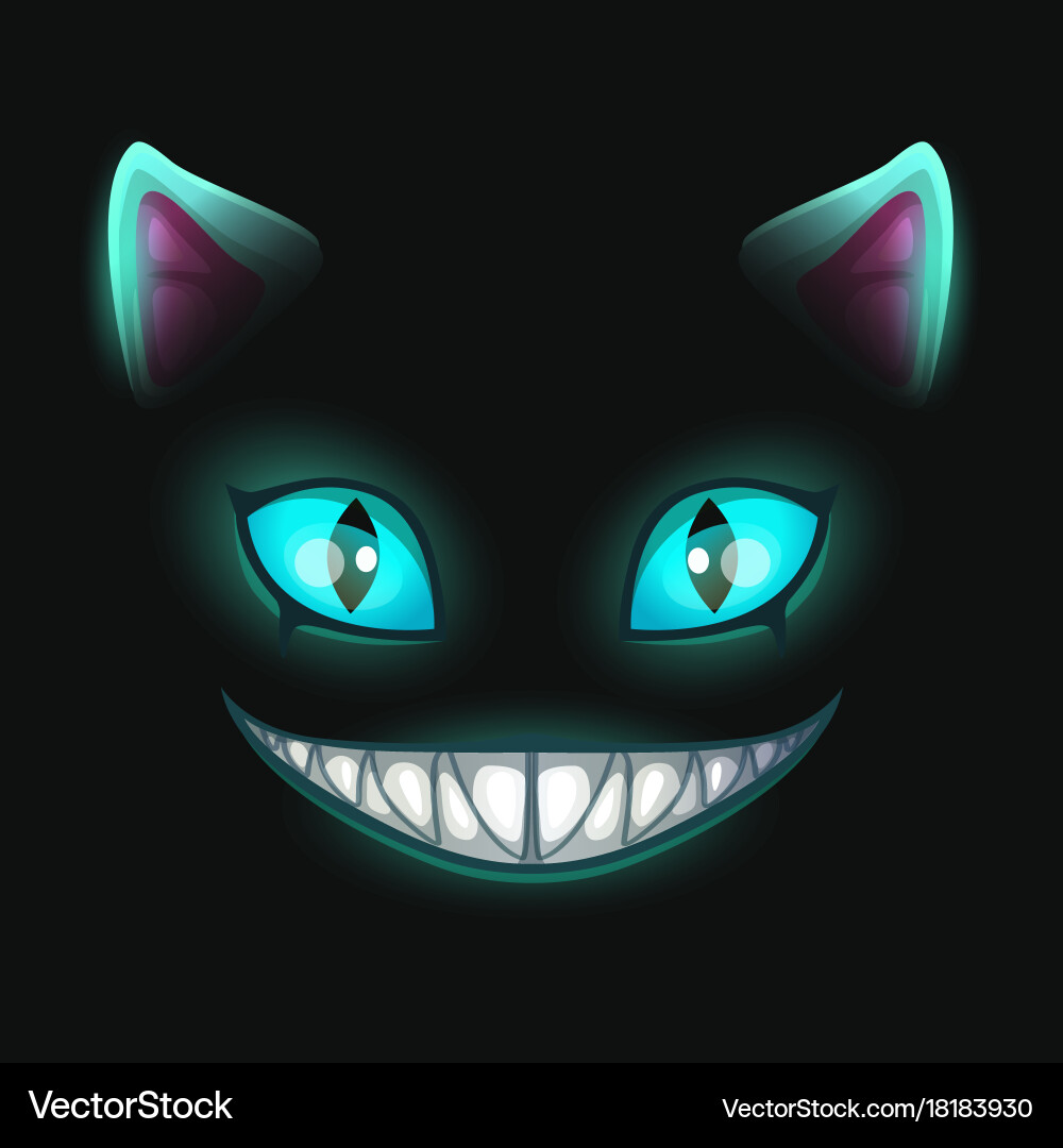 Fantasy scary smiling cat face on black background