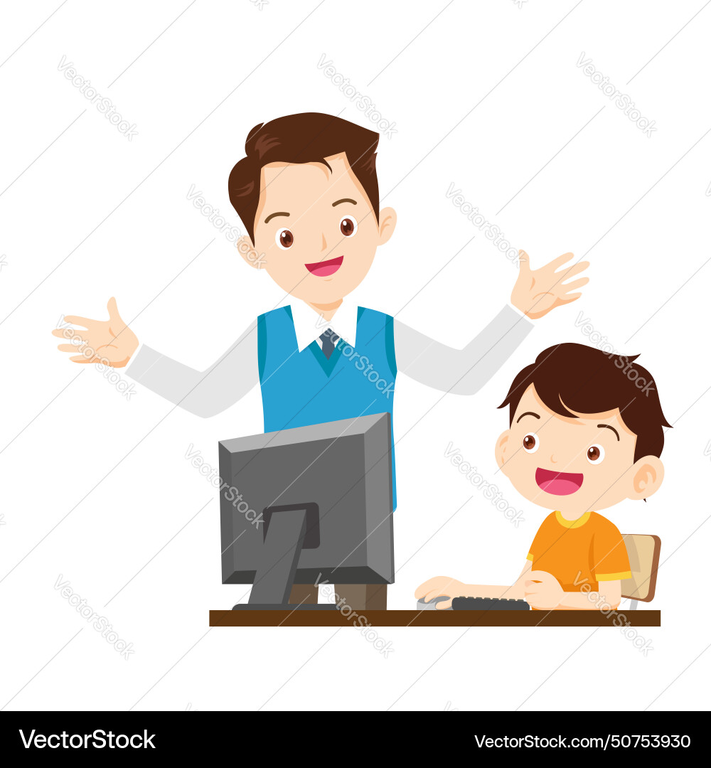Happy teacher and student learning computer 2 Vector Image