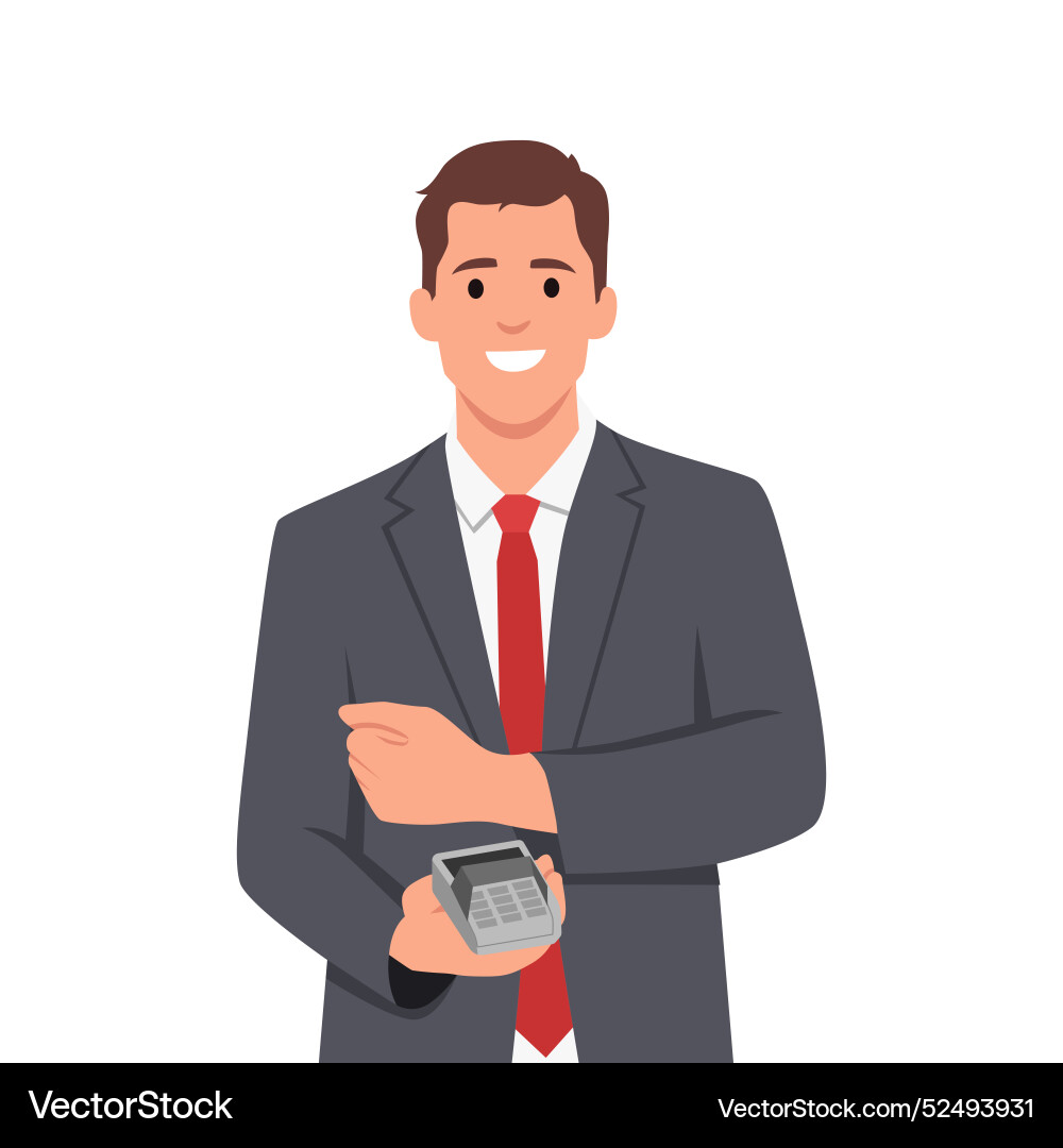 Young man holding payment terminal edc electronic Vector Image