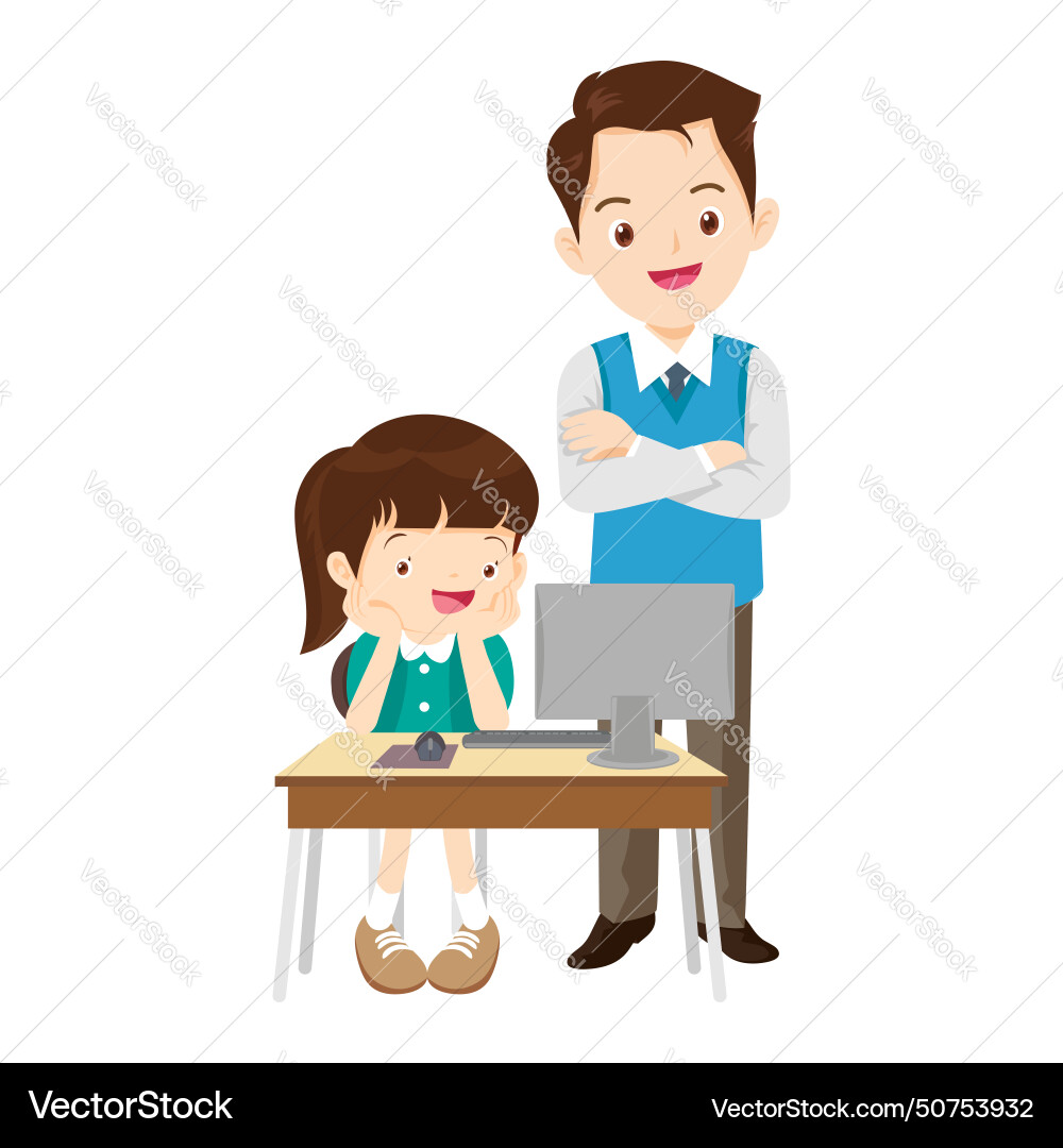 Happy teacher and student learning computer 2 Vector Image