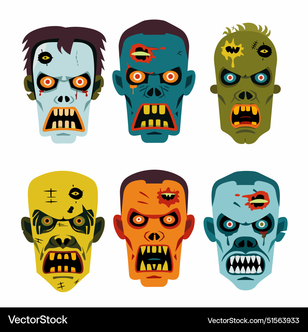 Six cartoon zombie faces expressive monstrous Vector Image