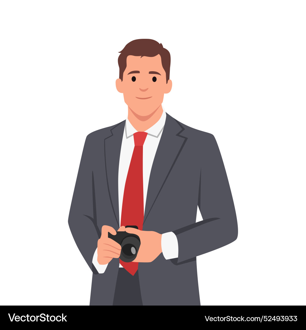 Young photographer man holding camera wearing Vector Image