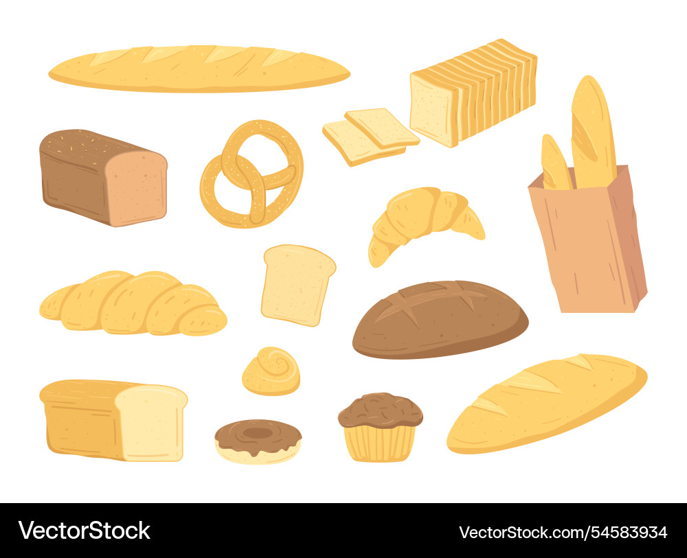 Cartoon color bread and cake icon set Royalty Free Vector