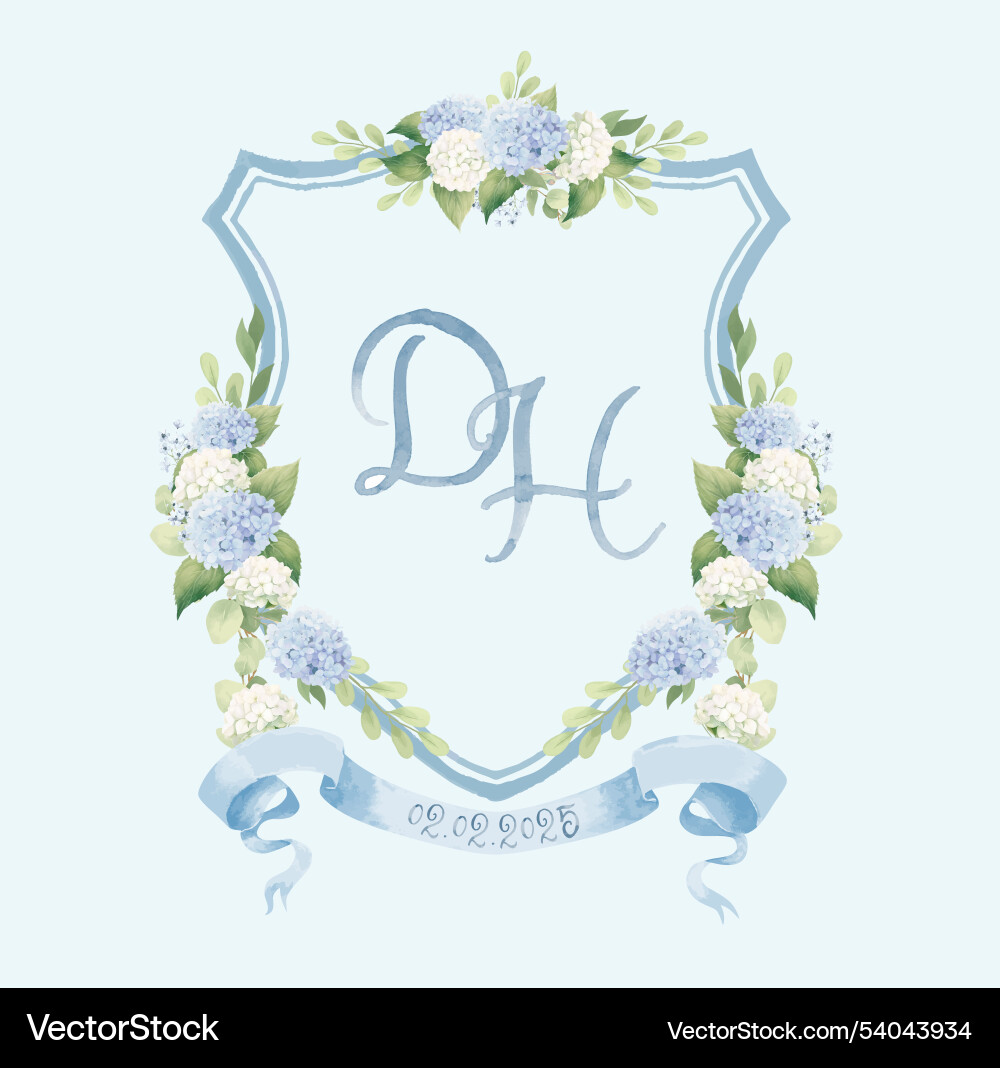 DH Wedding Crest - Hydrangea & Blue Royalty Free Vector