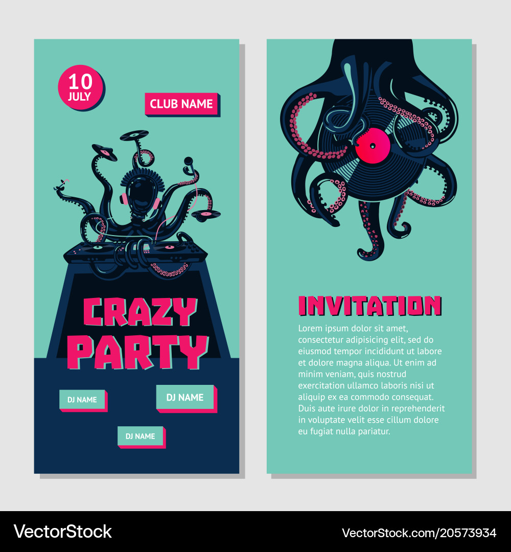 DJ Party Invitation - Vinyl & Octopus Vector Image