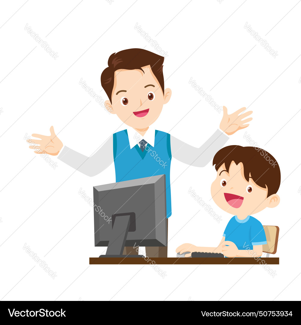 Happy teacher and student learning computer 2 Vector Image