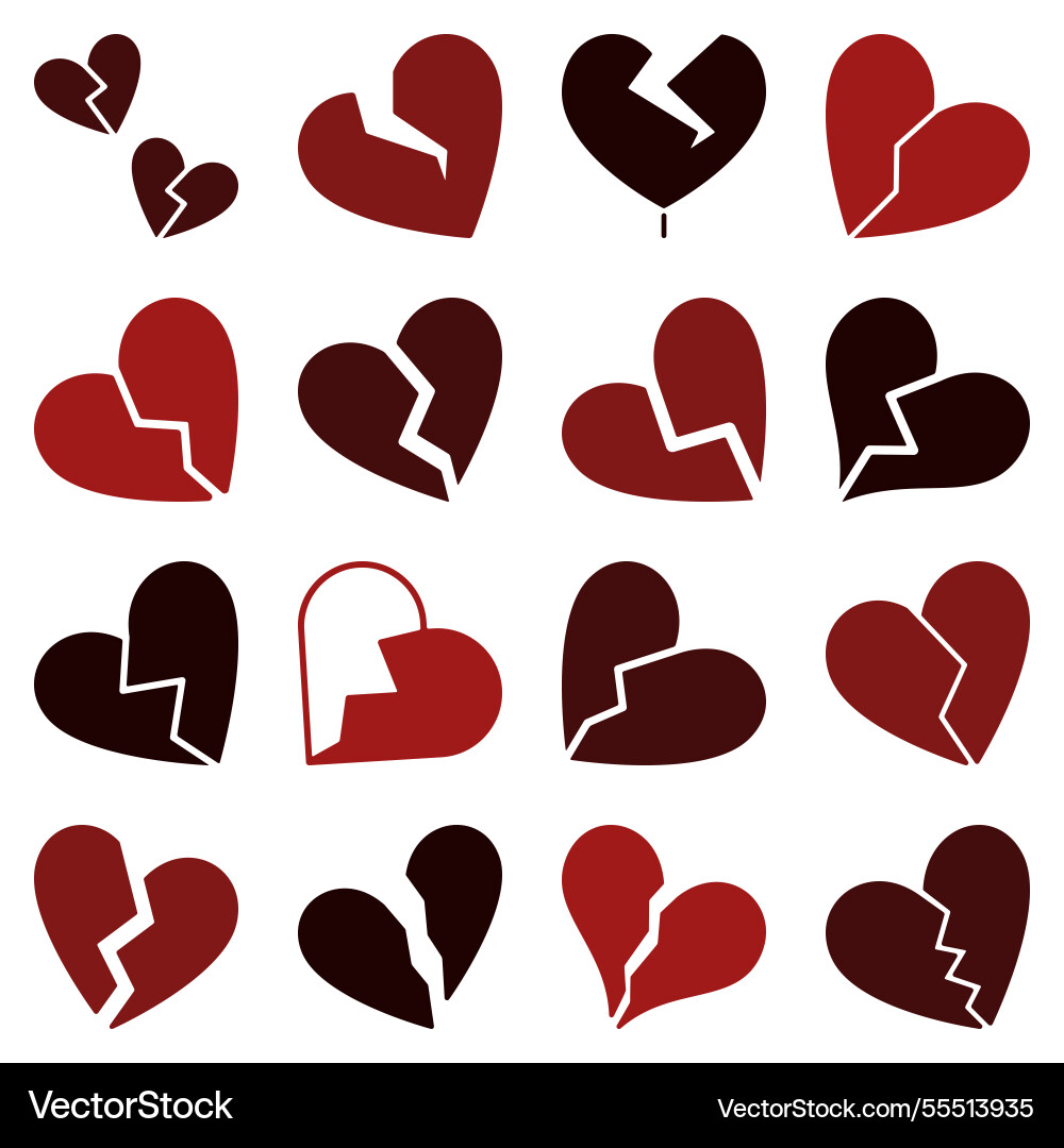 Heartbreak broken heart icons set - breakup Vector Image
