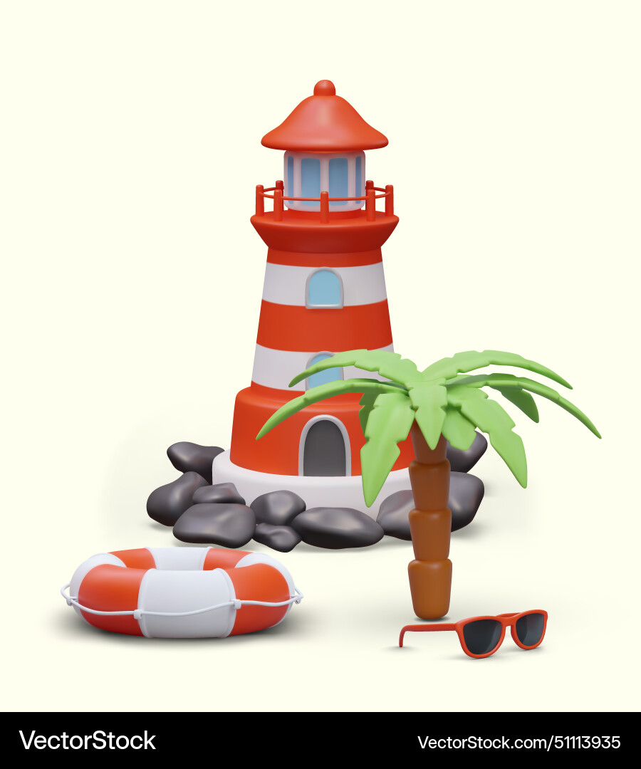 Realistic lighthouse on rocky shore palm tree Vector Image