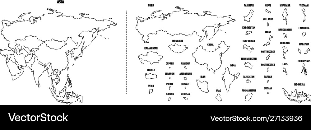 Asia outline map with each country isolated Vector Image