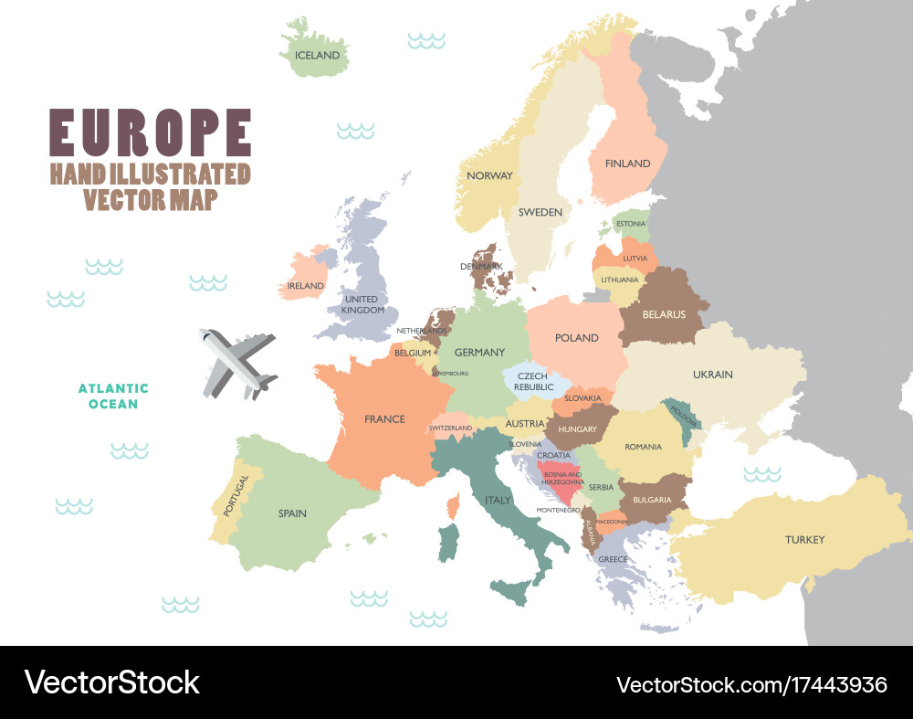 Europe map with colour and name Royalty Free Vector Image