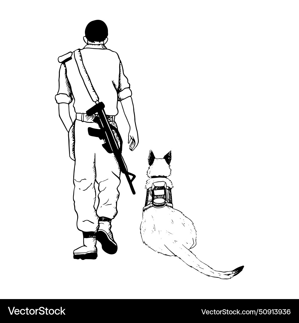 Laying k9 dog and walking soldier back view Vector Image