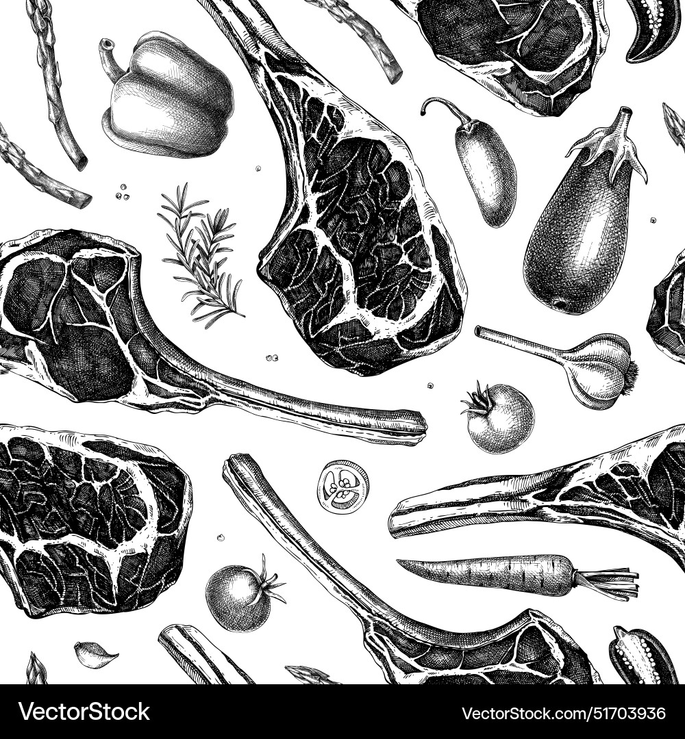 Meat & Vegetable Pattern - Tomahawk Steak Vector Image
