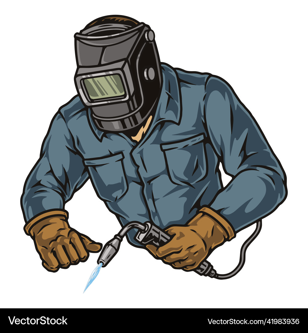 Welder in steel mask using torch Royalty Free Vector Image