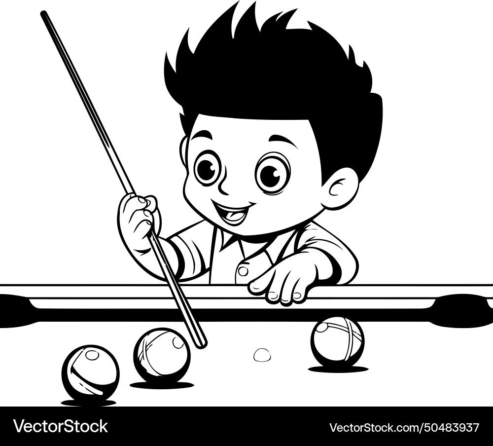 Cartoon boy playing billiards black and white Vector Image