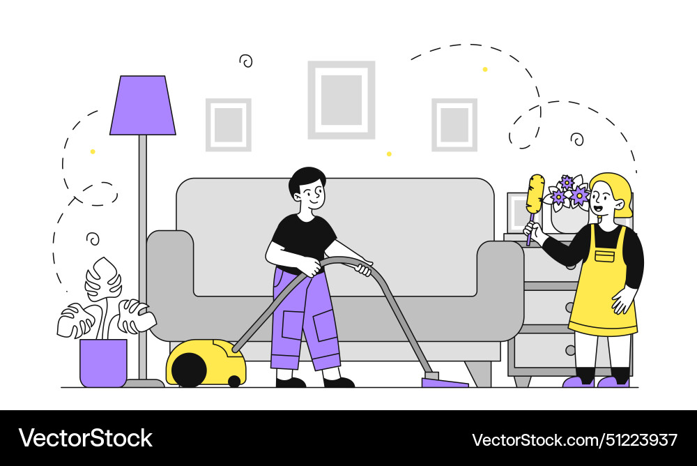 Children clean up room linear Royalty Free Vector Image