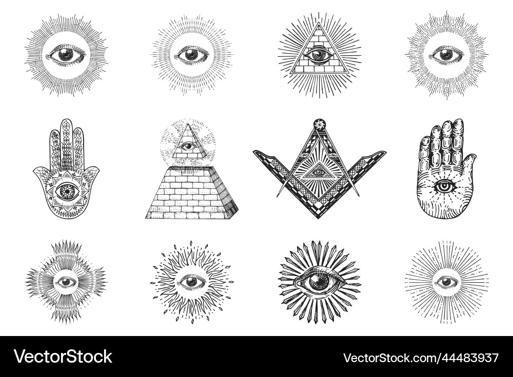 Freemasonry symbols set in drawn sketches Vector Image