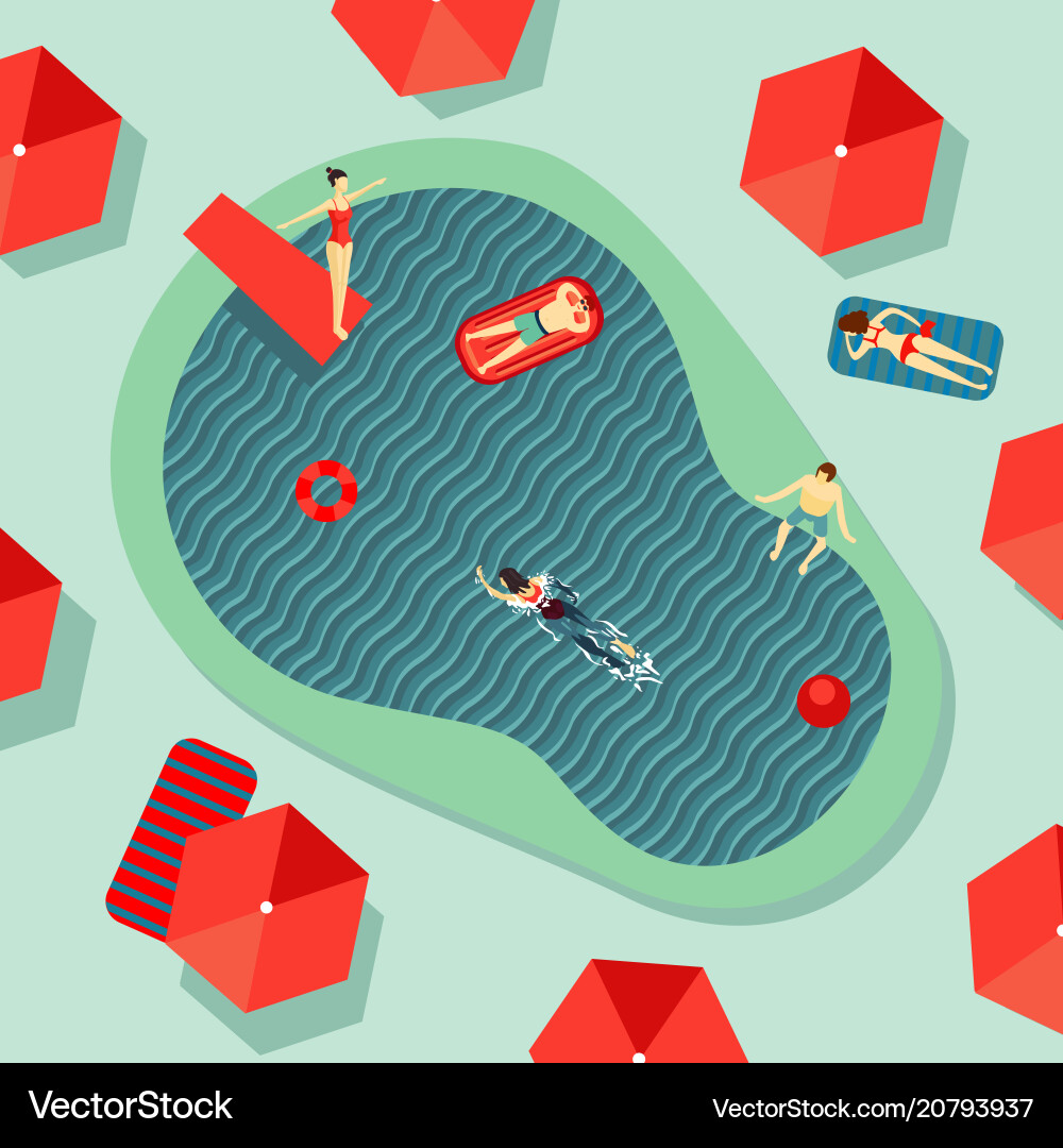 Hotel swimming pool top view with people on a rest