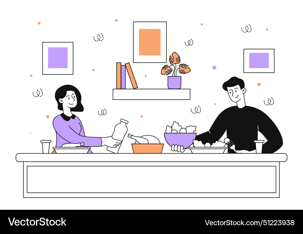 Couple with dinner linear Royalty Free Vector Image