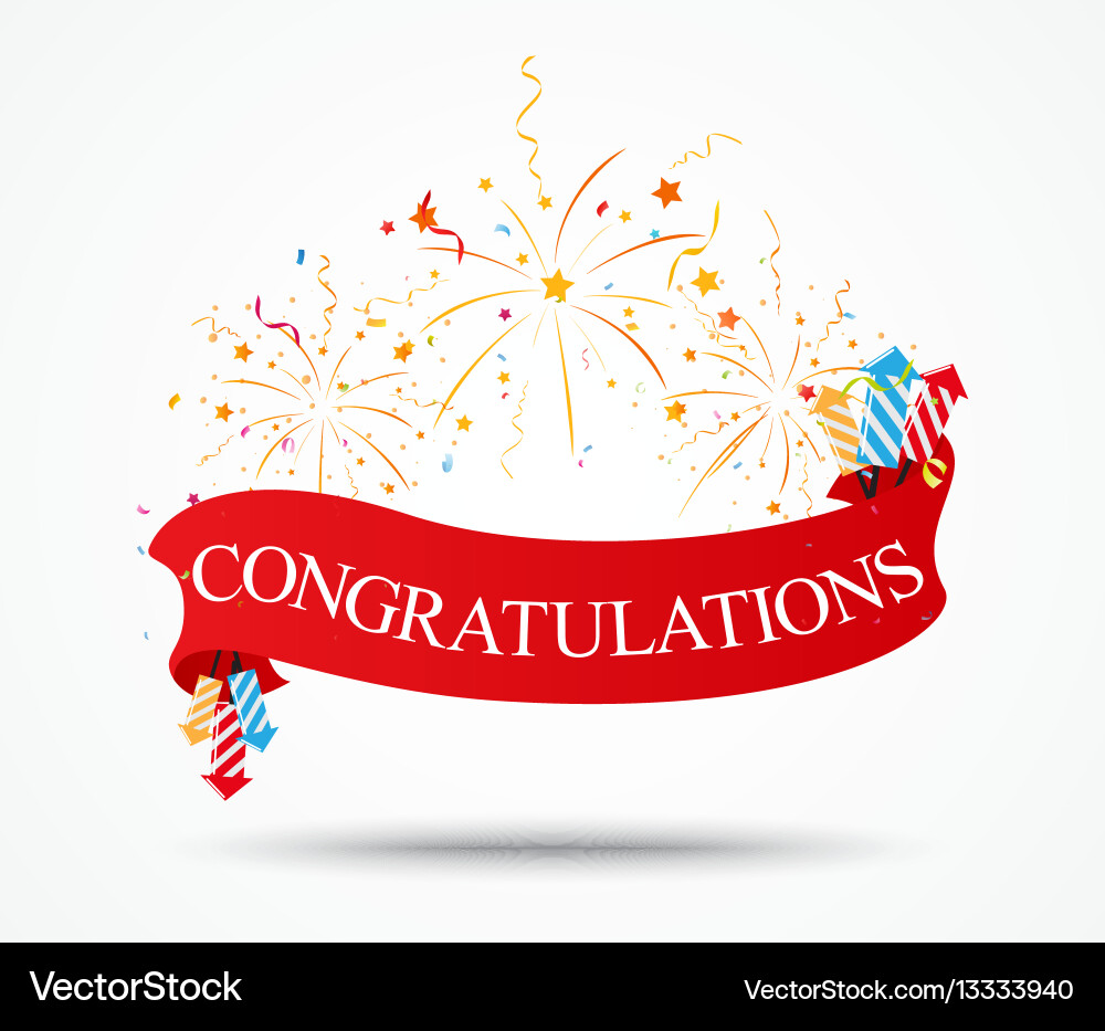 Congratulations design with fireworks and ribbon Vector Image