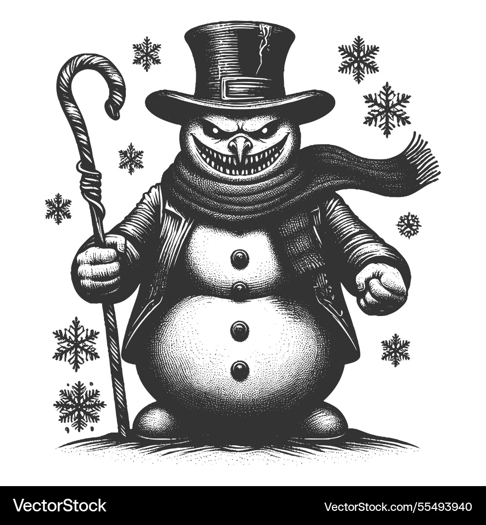 Evil snowman with creepy smile and cane Royalty Free Vector