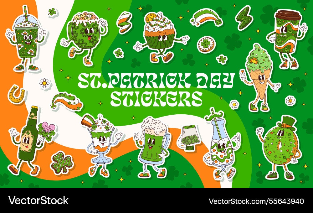 Groovy patrick day cartoon characters sticker pack