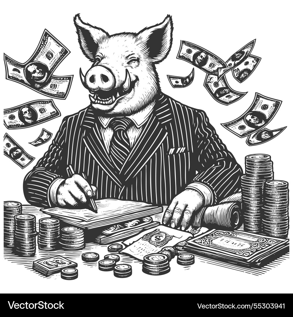 Boar businessman with money engraving Royalty Free Vector
