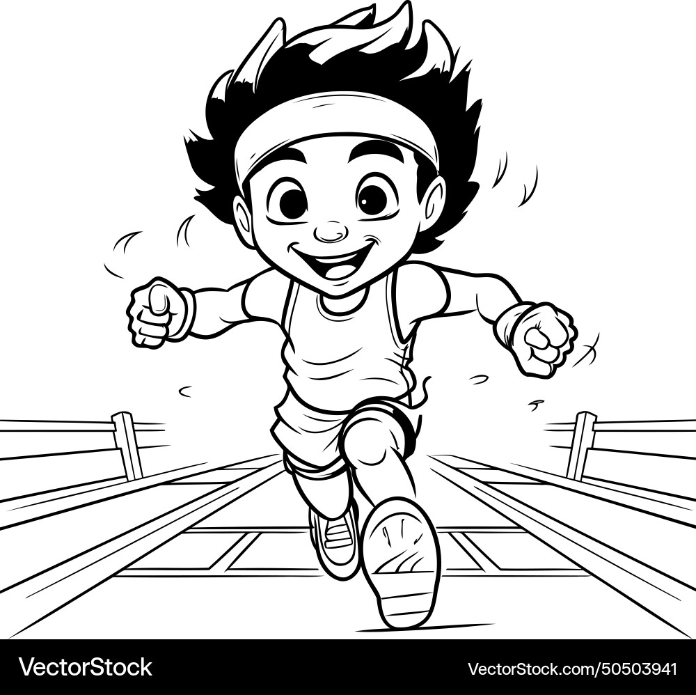 Cartoon boy running on a track black and white Vector Image
