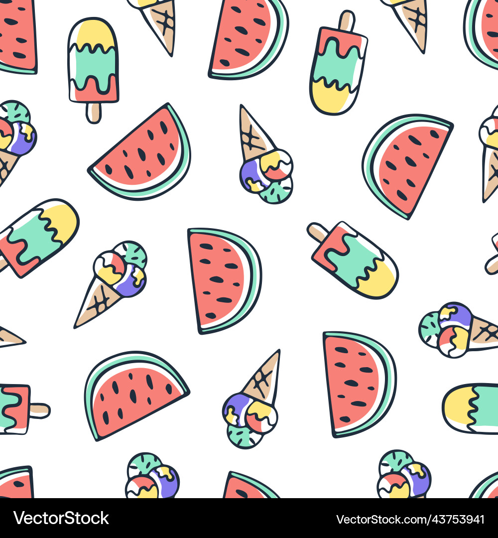 Hand draw doodle ice cream and watermelon Vector Image