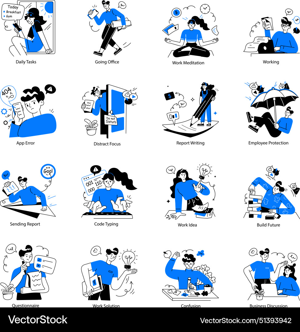 Bundle of employee productivity doodle mini illust