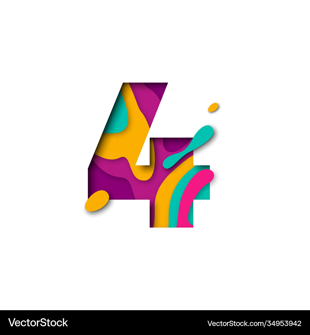 Paper cut number four 4 letter realistic 3d multi Vector Image
