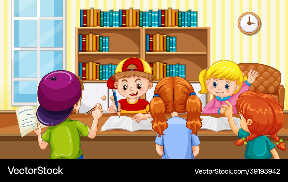 Scene with many kids doing homework at home Vector Image