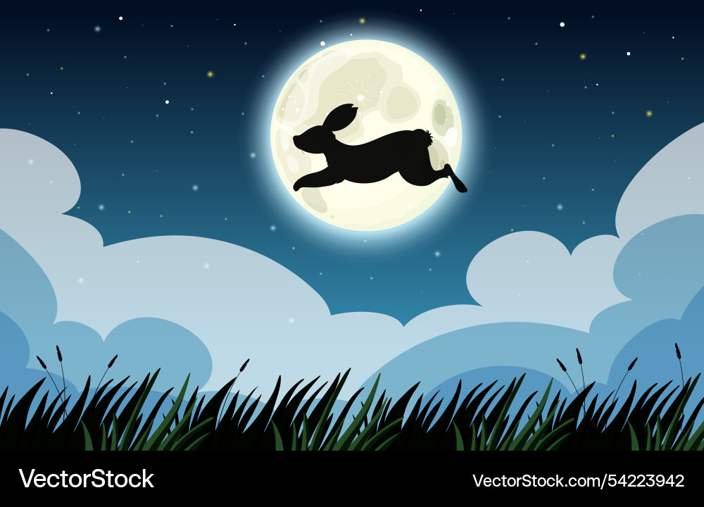 Silhouette of a rabbit jumping under the moon Vector Image