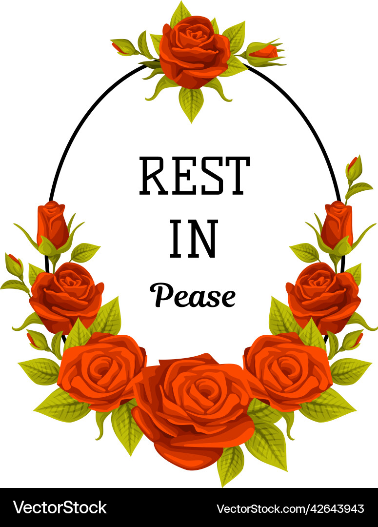 Funeral red rose oval frame with rest in peace Vector Image