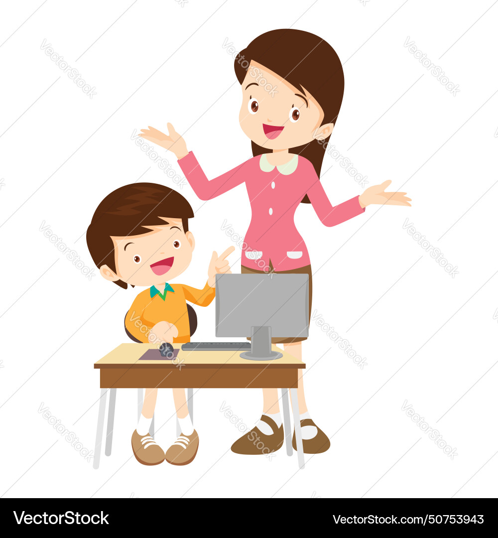 Happy teacher and student learning computer Vector Image