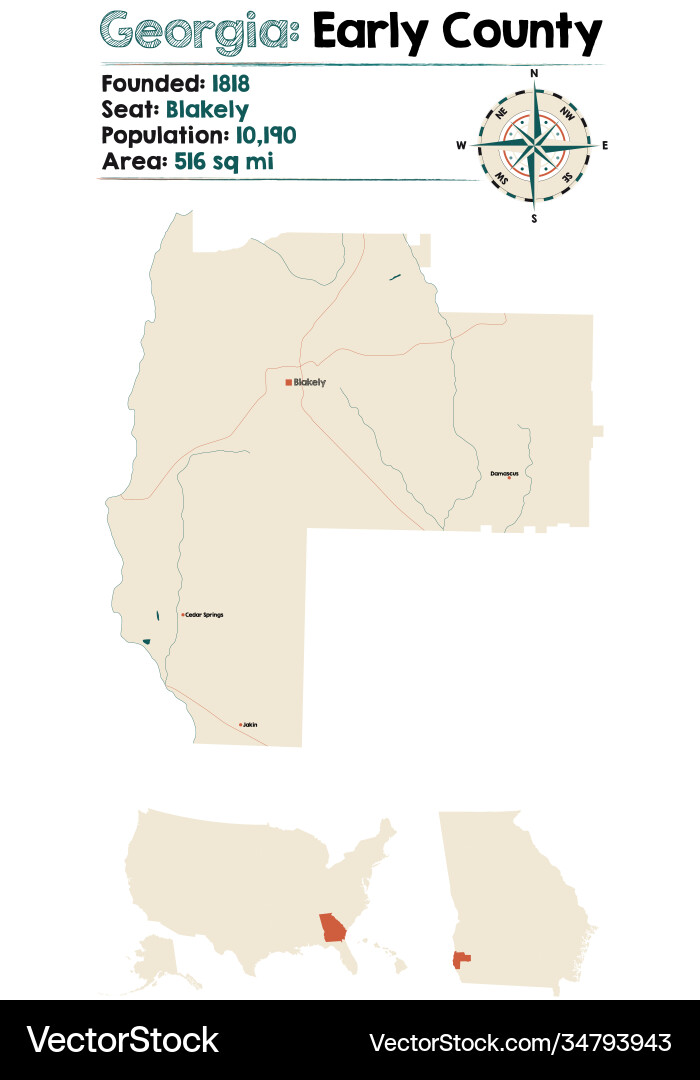 Map early county in georgia Royalty Free Vector Image