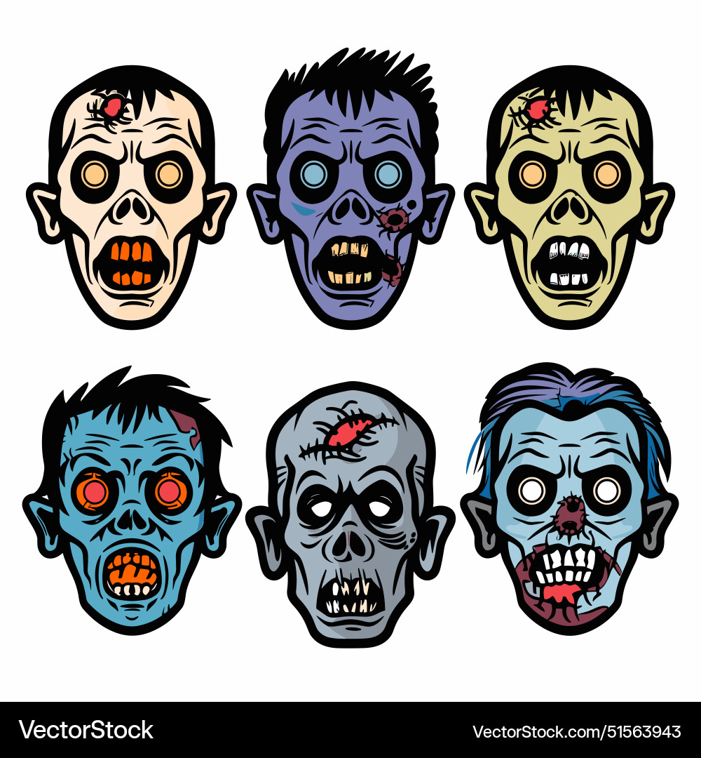Six cartoon zombie faces various expressions Vector Image