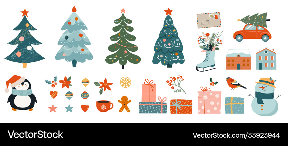 Collection christmas decorations holiday gifts Vector Image