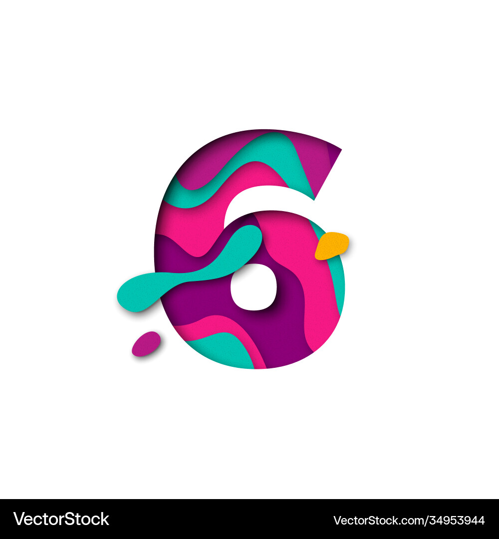 Paper cut number six 6 letter realistic 3d multi Vector Image