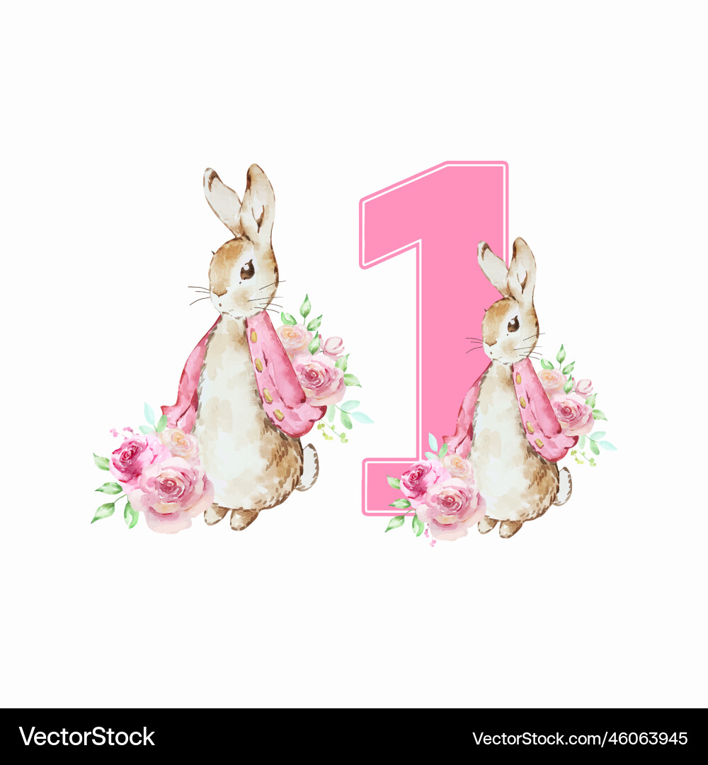 Watercolor of peter rabbit first birthday Vector Image