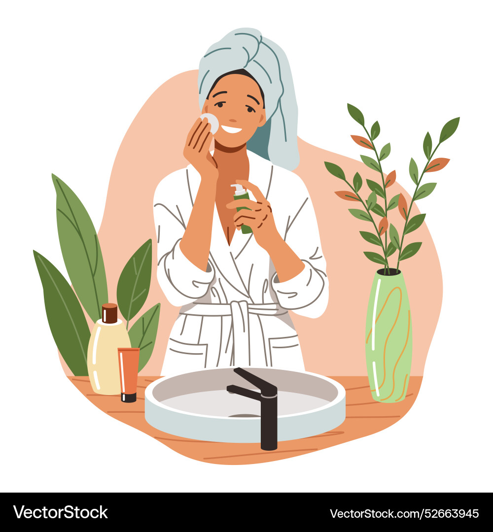 Woman cleaning face with cotton disk Royalty Free Vector