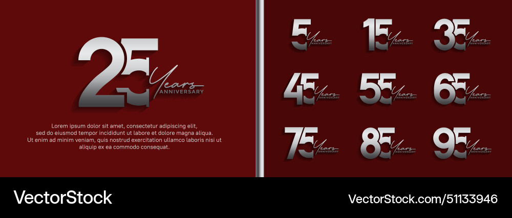 Set of anniversary logo silver color on red Vector Image