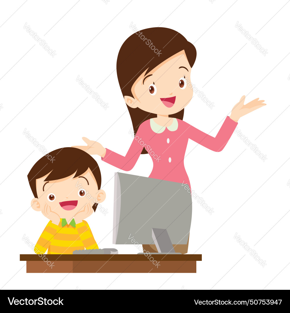 Happy teacher and student learning computer Vector Image