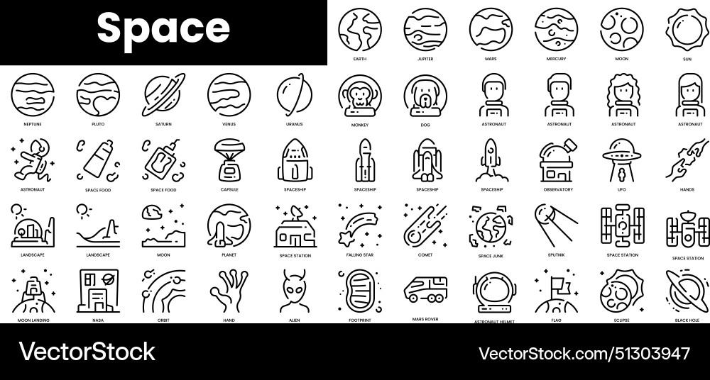 Set of outline space icons minimalist thin linear Vector Image