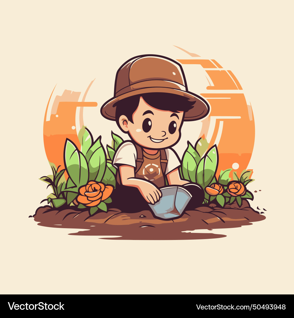 Cute boy digging in the ground cartoon character Vector Image