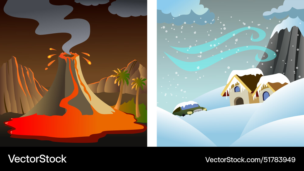 Natural disasters volcano eruption and snowfall Vector Image