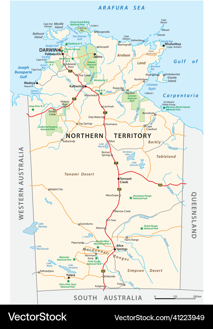Northern Territory Road & National Park Map Vector Image