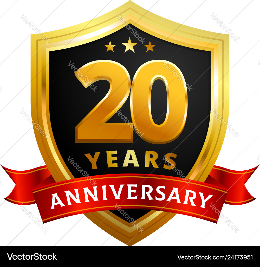 20th Anniversary Golden Shield Badge Royalty Free Vector