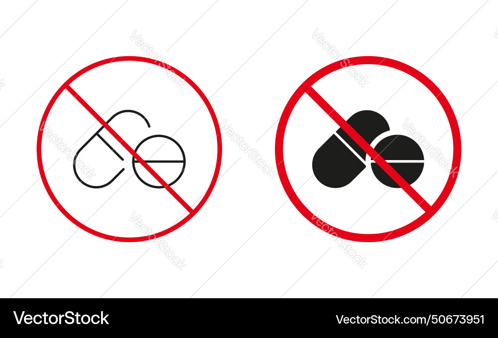 Take medicine not allowed warning sign set Vector Image